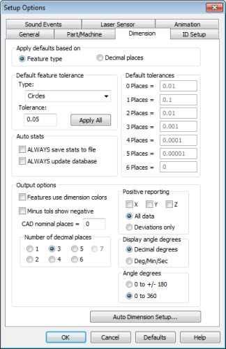 Setup Options: Dimension tab