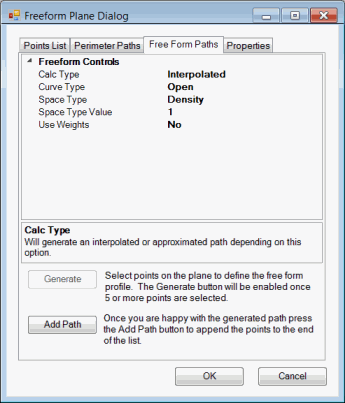 Freeform Plane Dialog - Free Form Paths tab