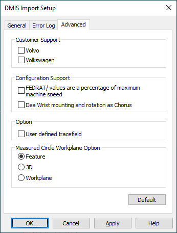 Configuration importation DMIS – onglet Avancé